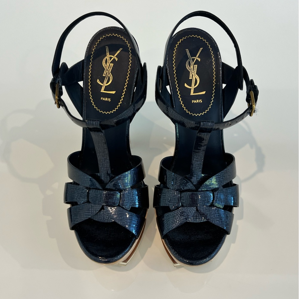 Saint Laurent Ysl Navy Tribute Patent Leather Platfor… - Gem